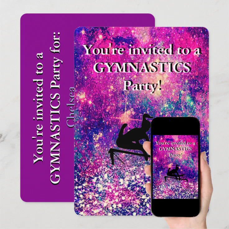 Girls Gymnastics Birthday Party Sparkle Invitation | Zazzle