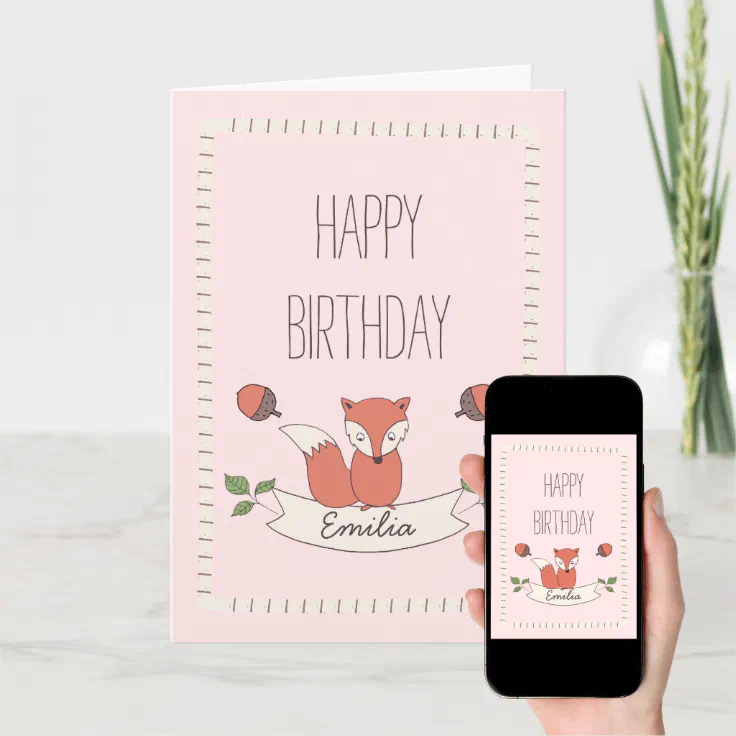 Girl's Hand Drawn Fox Birthday Card | Zazzle