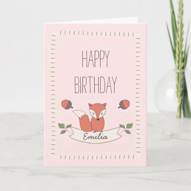 Girl's Hand Drawn Fox Birthday Card | Zazzle