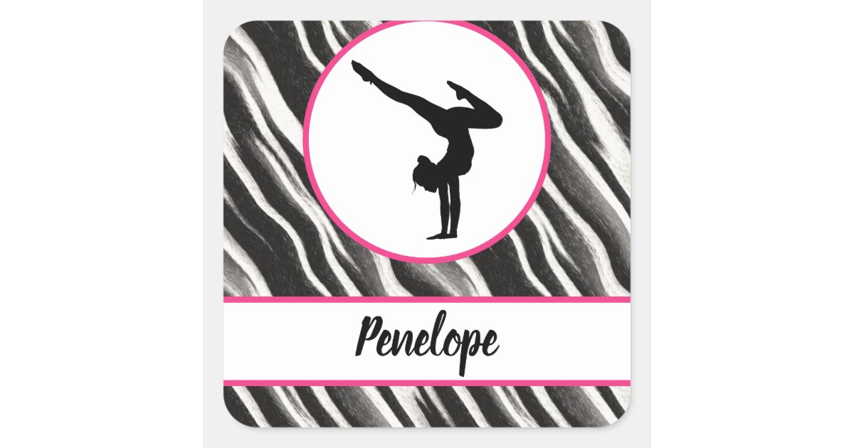 Girls Handstand Zebra Print Faux Fur Square Sticker | Zazzle