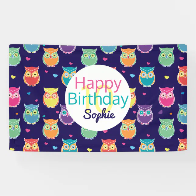Girls Happy Birthday Blue Owl Pattern Personalized Banner | Zazzle
