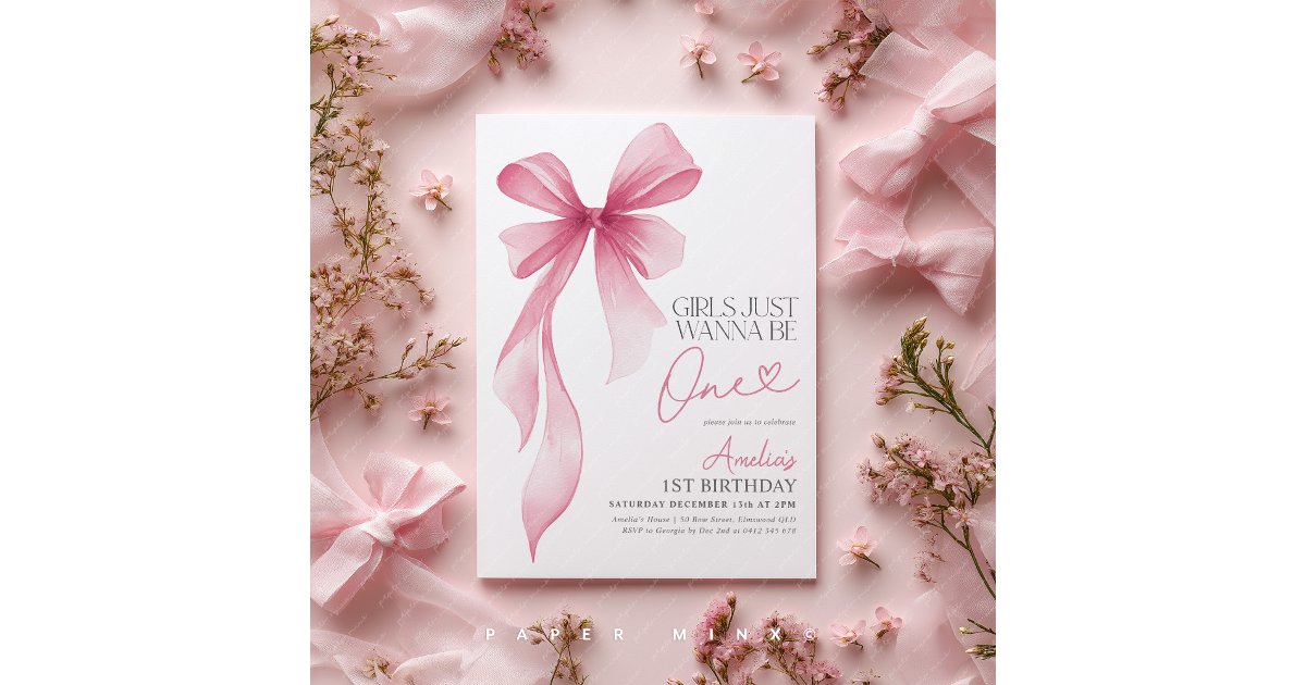 Girls just wanna be ONE! 1st Birthday Pink Bow Invitation | Zazzle