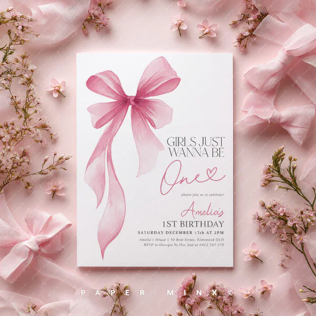 Girls just wanna be ONE! 1st Birthday Pink Bow Invitation | Zazzle