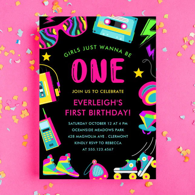 Girls Just Wanna Be One 80s First Birthday Party Invitation | Zazzle