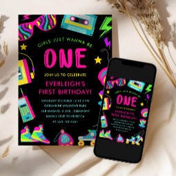 Girls Just Wanna Be One 80s First Birthday Party Invitation | Zazzle