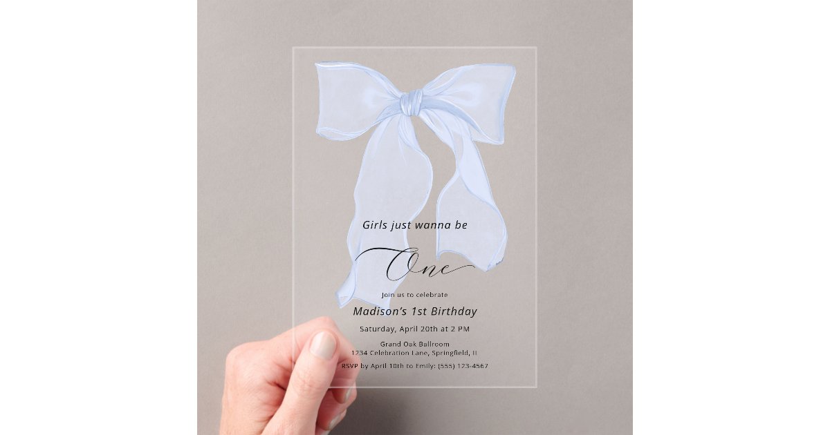 Girls Just Wanna Be One Blue Bow 1st Birthday Acrylic Invitations | Zazzle