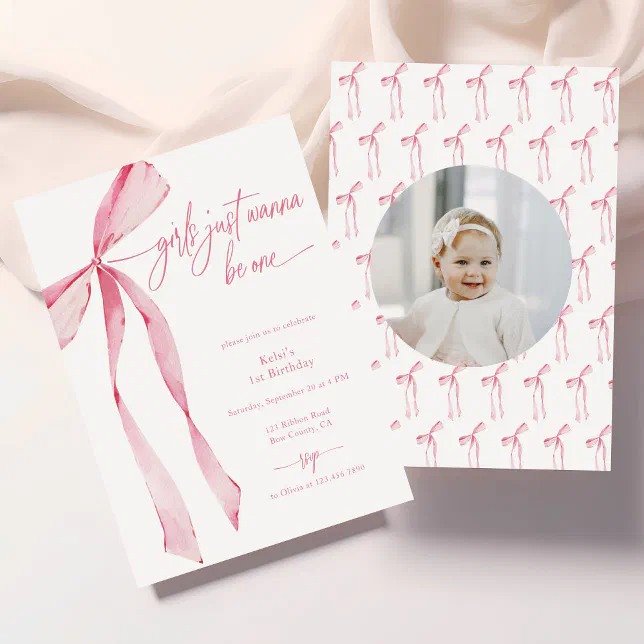 Girls Just Wanna Be One Bow Photo 1st Birthday Invitation | Zazzle