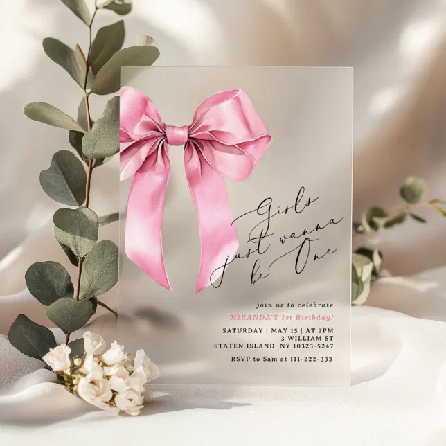 Girls just wanna be One Pink Bow 1st Birthday Acrylic Invitations | Zazzle