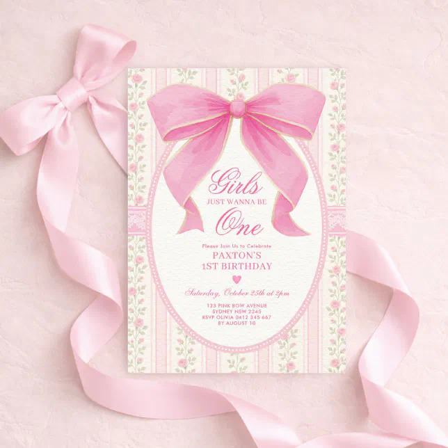 Girls Just Wanna Be One: Pink Bow 1st Birthday Invitation | Zazzle