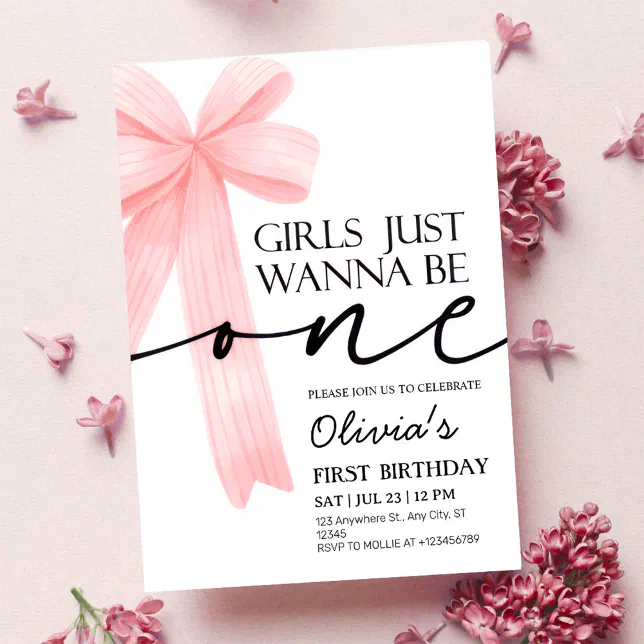 Girls Just Wanna Be One Pink Bow 1st Birthday Invitation | Zazzle