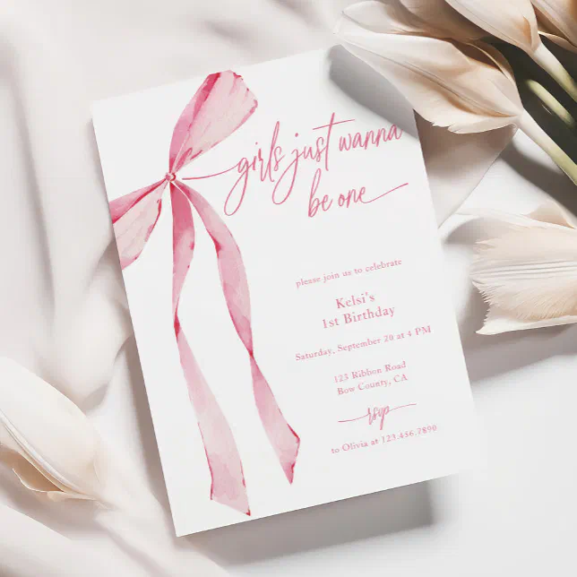 Girls Just Wanna Be One Pink Bow 1st Birthday Invitation | Zazzle