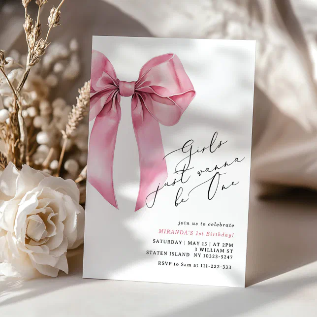 Girls just wanna be One Pink Bow 1st birthday Invitation | Zazzle