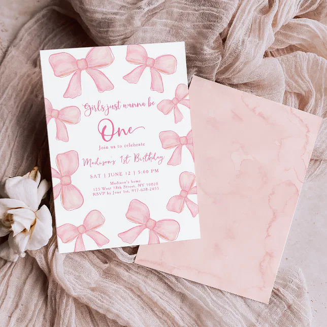 Girls Just Wanna Be One Pink Bow 1st Birthday Invitation | Zazzle