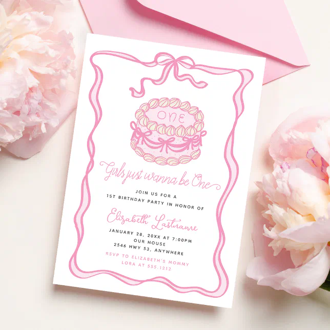 Girls Just Wanna Be One Pink Bow 1st Birthday Invitation | Zazzle