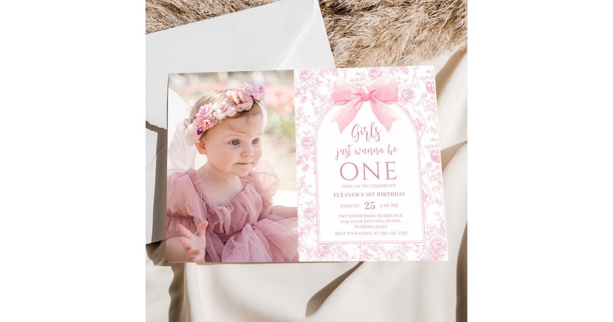 Girls Just Wanna Be One Pink Bow 1st Birthday Invitation | Zazzle