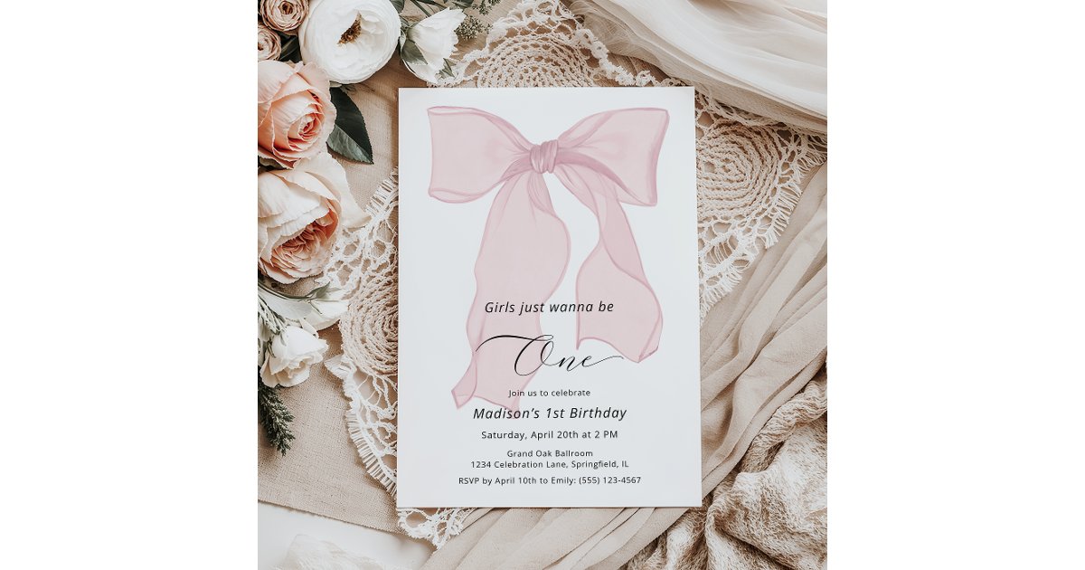 Girls Just Wanna Be One Pink Bow 1st Birthday Invitation | Zazzle