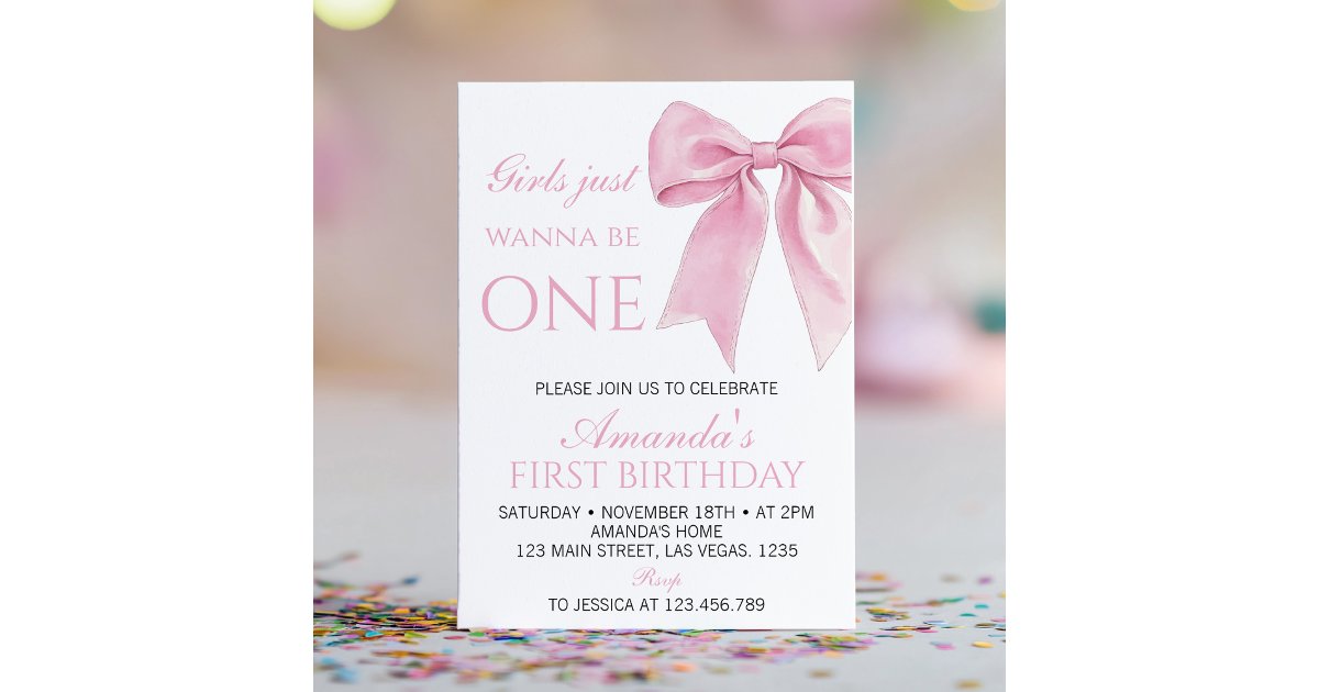 Girls Just Wanna Be One Pink Bow Coquette Birthday Invitation | Zazzle