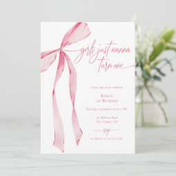 Girls Just Wanna Turn One Pink Bow 1st Birthday Invitation | Zazzle