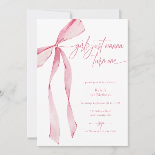 Girls Just Wanna Turn One Pink Bow 1st Birthday Invitation | Zazzle