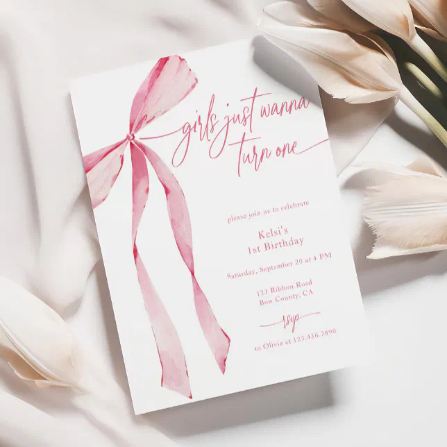 Girls Just Wanna Turn One Pink Bow 1st Birthday Invitation | Zazzle