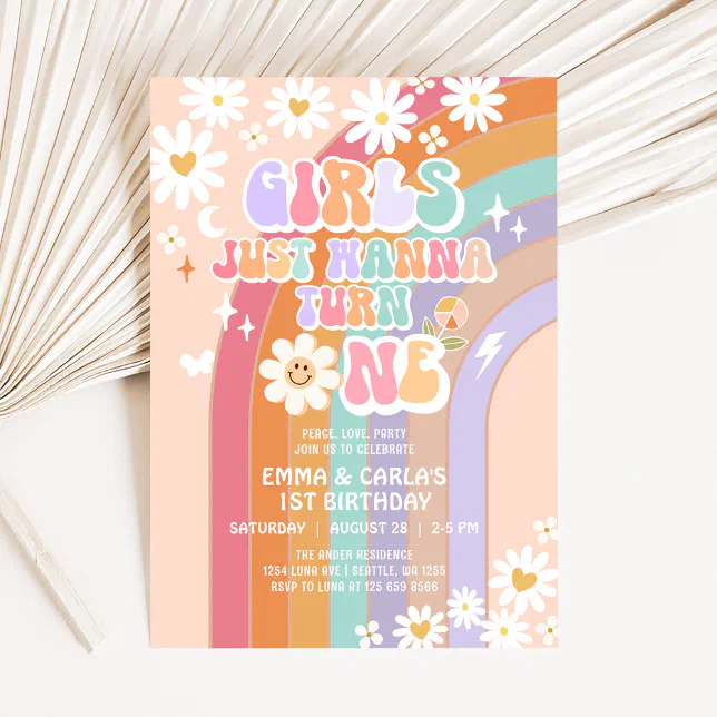 Girls Just Wanna Turn One Twin Groovy 1st Birthday Invitation | Zazzle