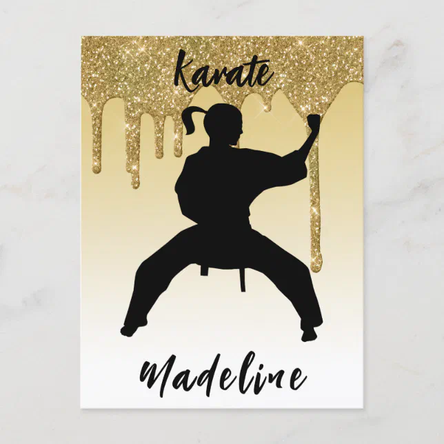 Girls Karate Stance Gold Glitter Drip Ombre Postcard | Zazzle