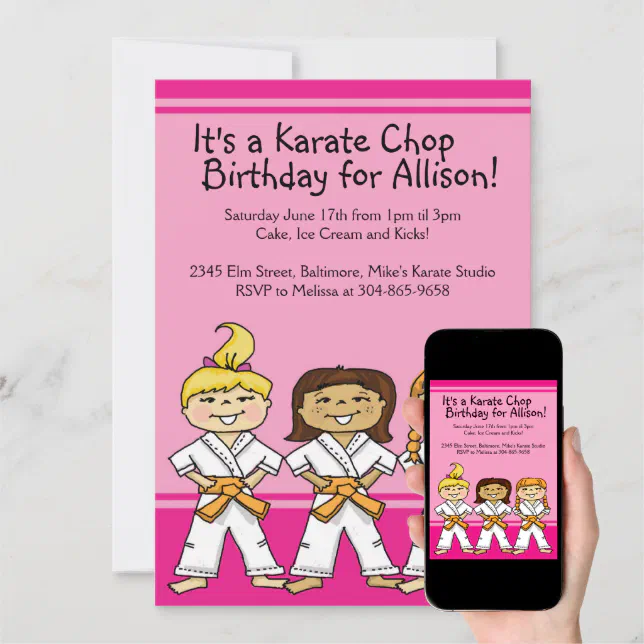 Girls Karate Themed Birthday Party Invitations | Zazzle