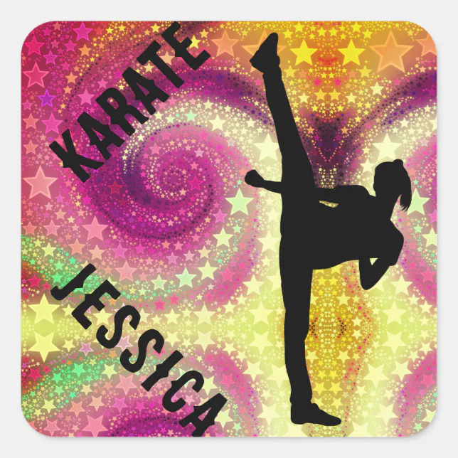 Girls Karate Tropical Swirl High Kick Square Sticker | Zazzle