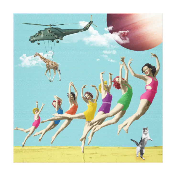Girls Leaping Beach Retro Collage Canvas Print | Zazzle