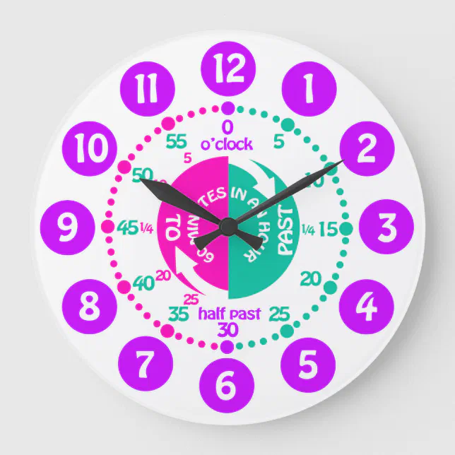 Girls learn to tell time pink purple aqua clock | Zazzle