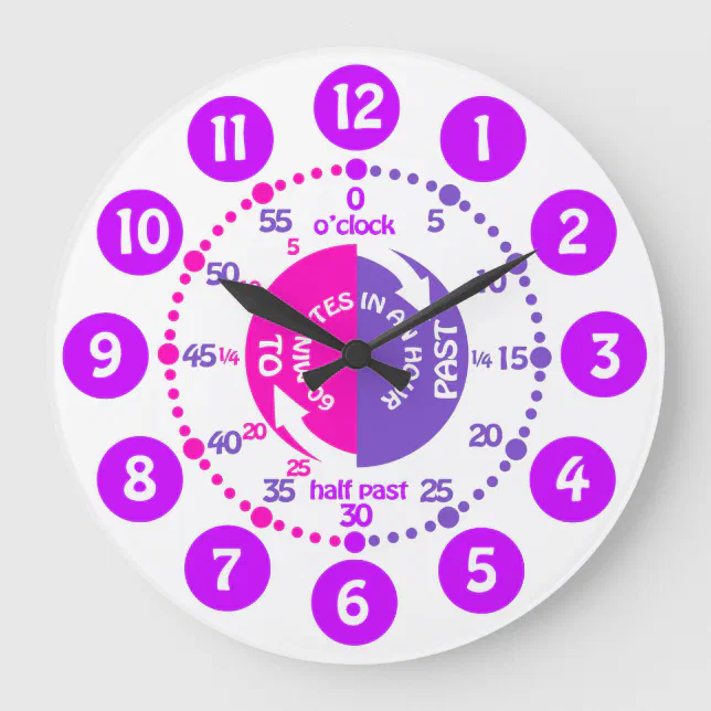 Girls learn to tell time pink purple kids clock | Zazzle