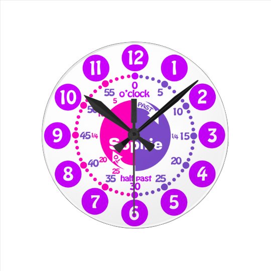 Girls learn to tell time pink purple name clock | Zazzle.com