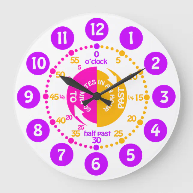 Girls learn to tell time pink purple wall clock | Zazzle