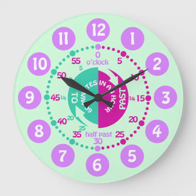 Girls learn to tell time purple mint wall clock | Zazzle