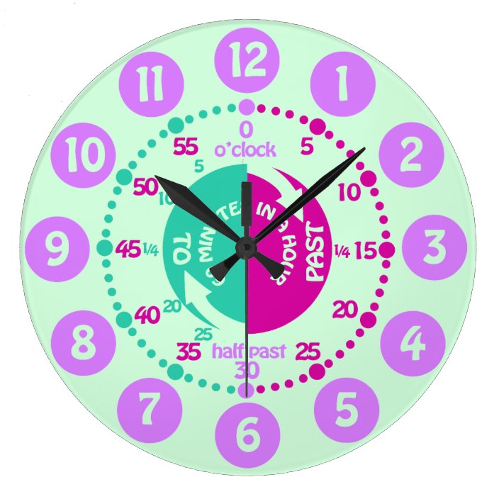 Girls learn to tell time purple mint wall clock | Zazzle.com
