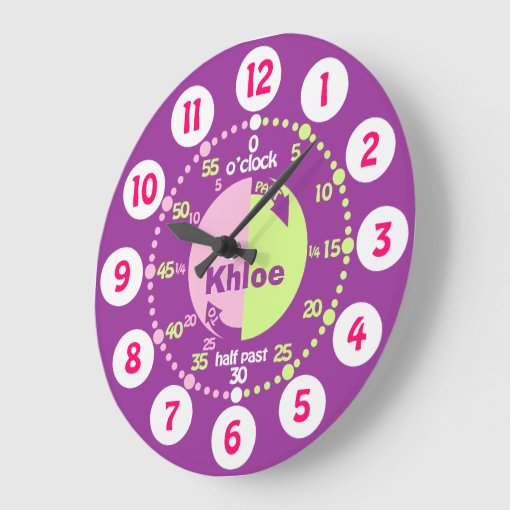 Girls learn to tell time purple pink name clock | Zazzle