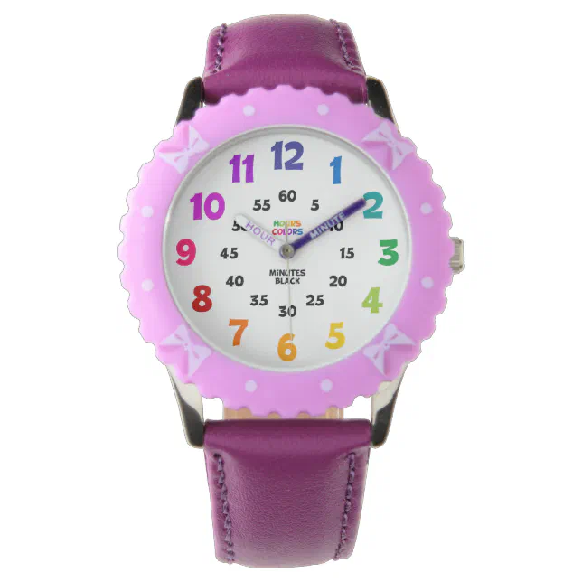 Girls Learn to Tell Time Purple & Rainbow Sport Watch | Zazzle