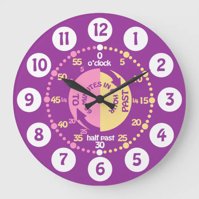 Girls learn to tell time purple wall clock | Zazzle