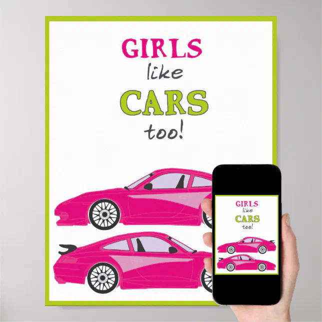 Girls like cars too! pink cartoon car illustration poster | Zazzle