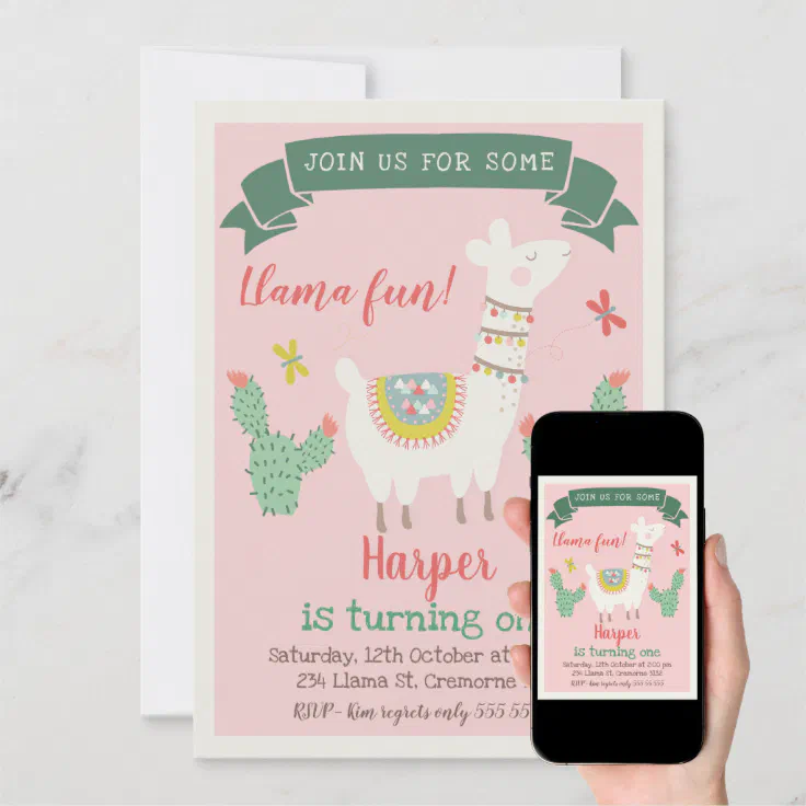 Girls Llama And cactus Birthday Invitation | Zazzle