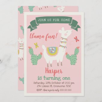 Girls Llama And cactus Birthday Invitation | Zazzle