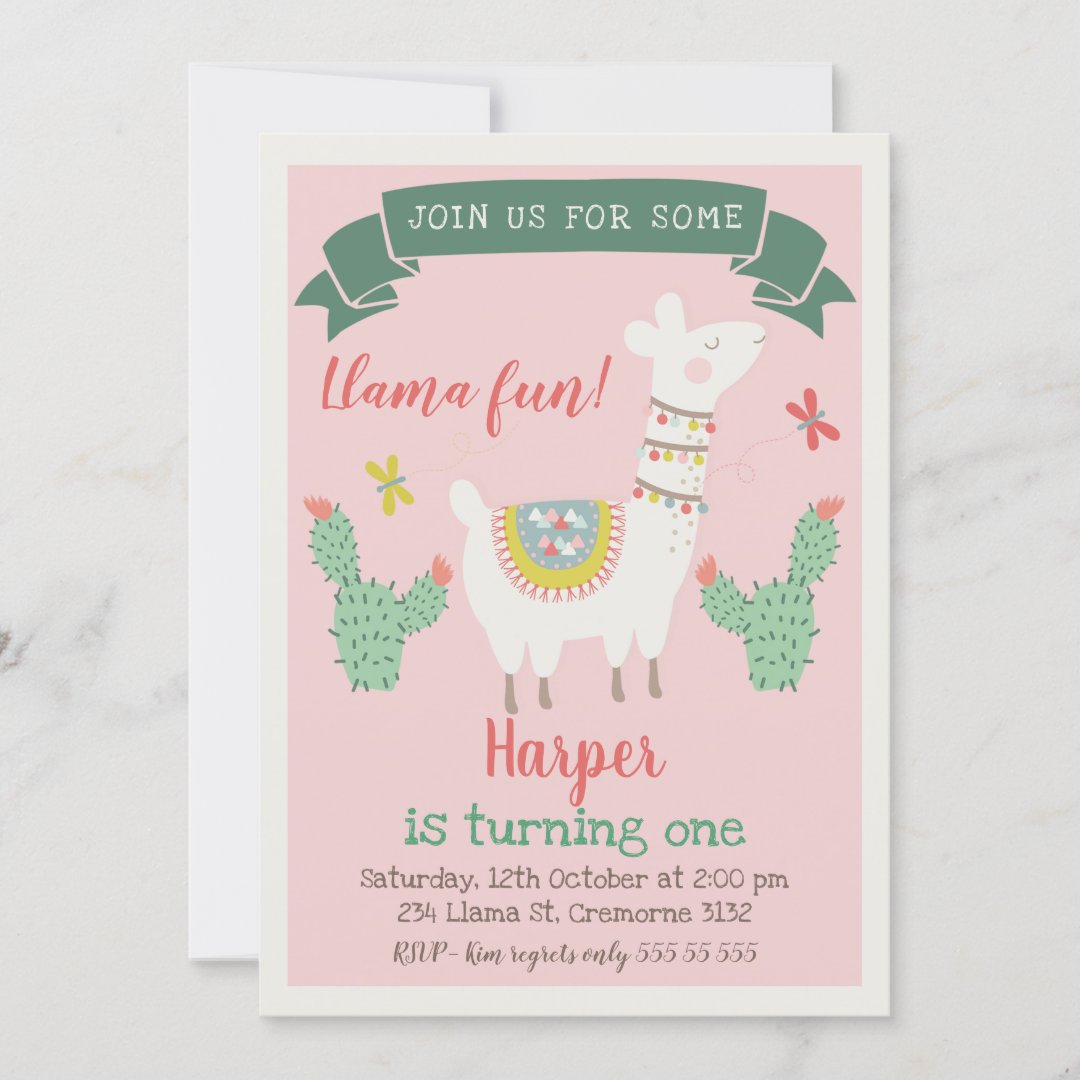 Girls Llama And cactus Birthday Invitation | Zazzle