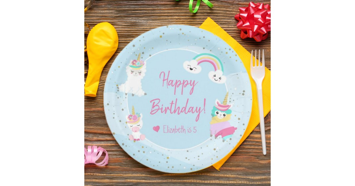 Girls Llamacorn Unicorn Happy Birthday Paper Plates | Zazzle