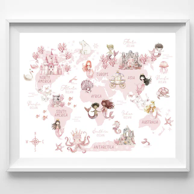 Girls Magical World Map, Pink Mermaids and castles Poster | Zazzle