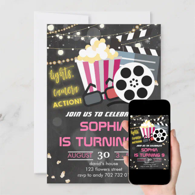 Girls Movie Night Party Backyard Movies Birthday Invitation | Zazzle