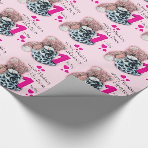 Girls name age soft toys birthday patterned wrap wrapping paper | Zazzle
