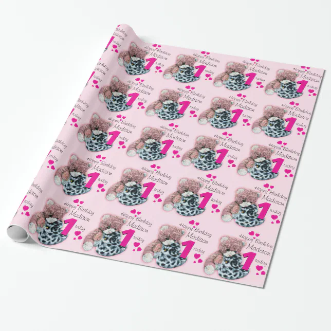 Girls name age soft toys birthday patterned wrap wrapping paper | Zazzle