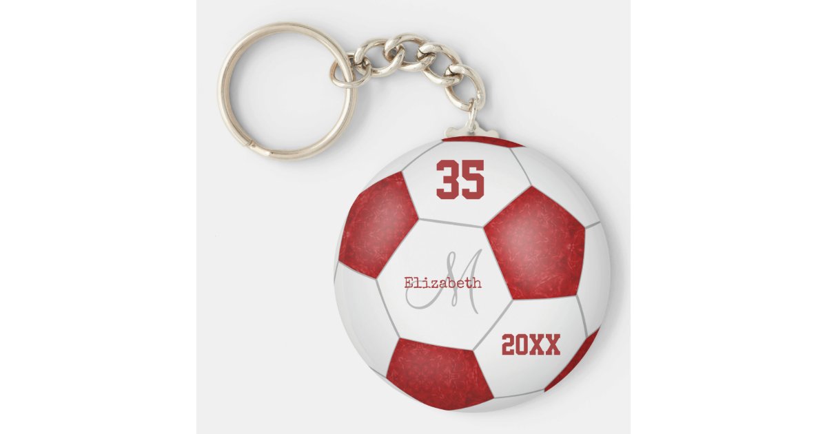 girl's name jersey number red white soccer ball keychain | Zazzle.com
