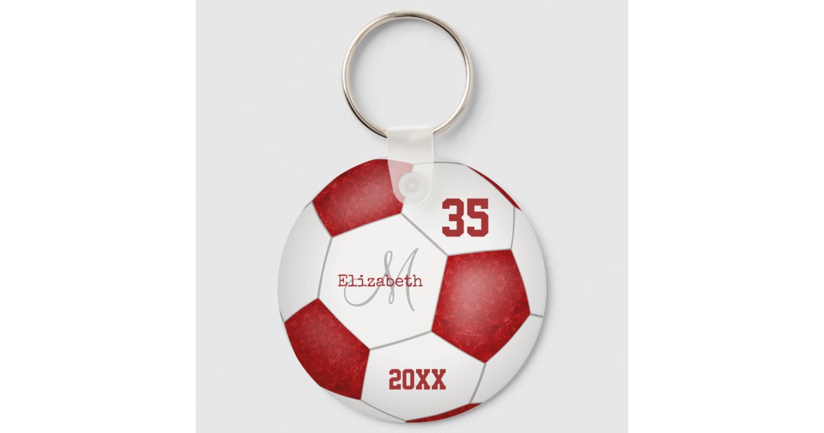 girl's name jersey number red white soccer ball keychain | Zazzle