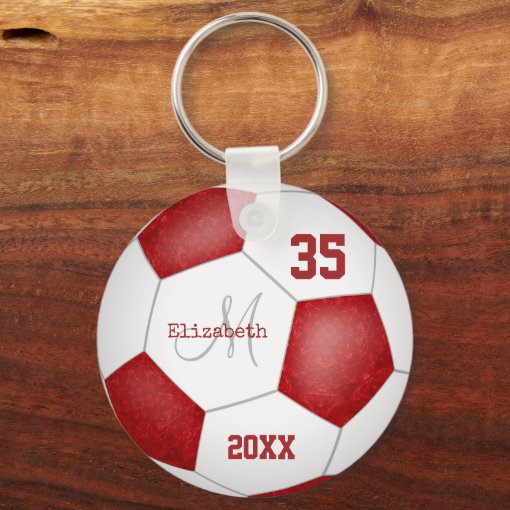 girl's name jersey number red white soccer ball keychain | Zazzle